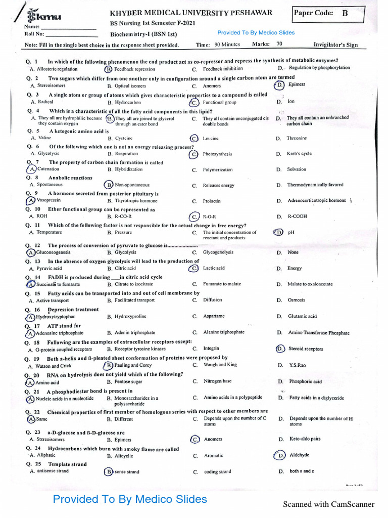 Biochemistry Kmu 2021 Paper by Husain.Z | PDF | Wellness