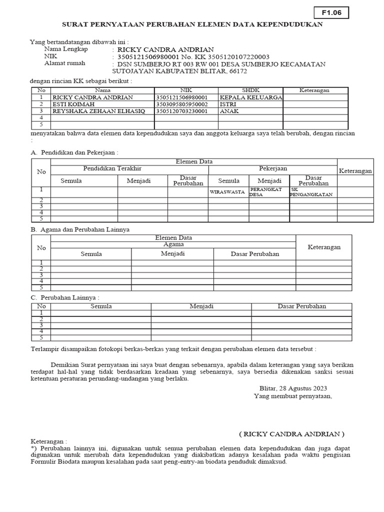 F-1 06 - PERNYATAAN PERUBAHAN ELEMEN DATA Kependudukan | PDF