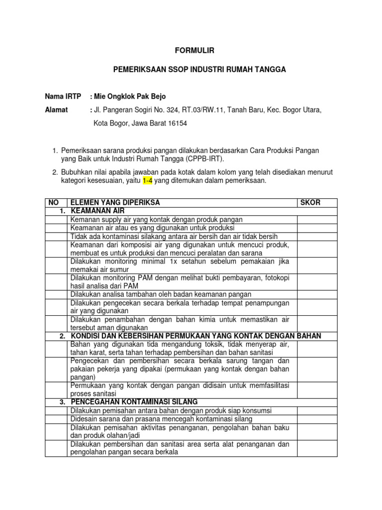 CHECKLIST INSPEKSI SSOP | PDF