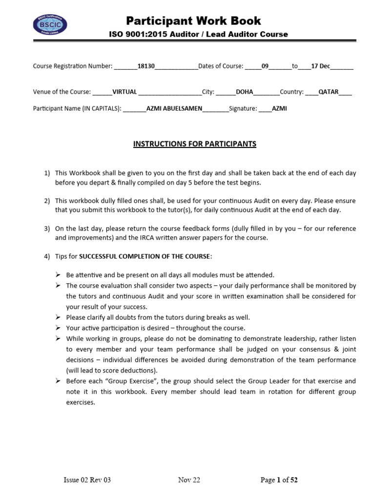 Participant Workbook-ISO 9001 - 2015-Issue 02 Rev 03 Nov 2022-3 | PDF ...