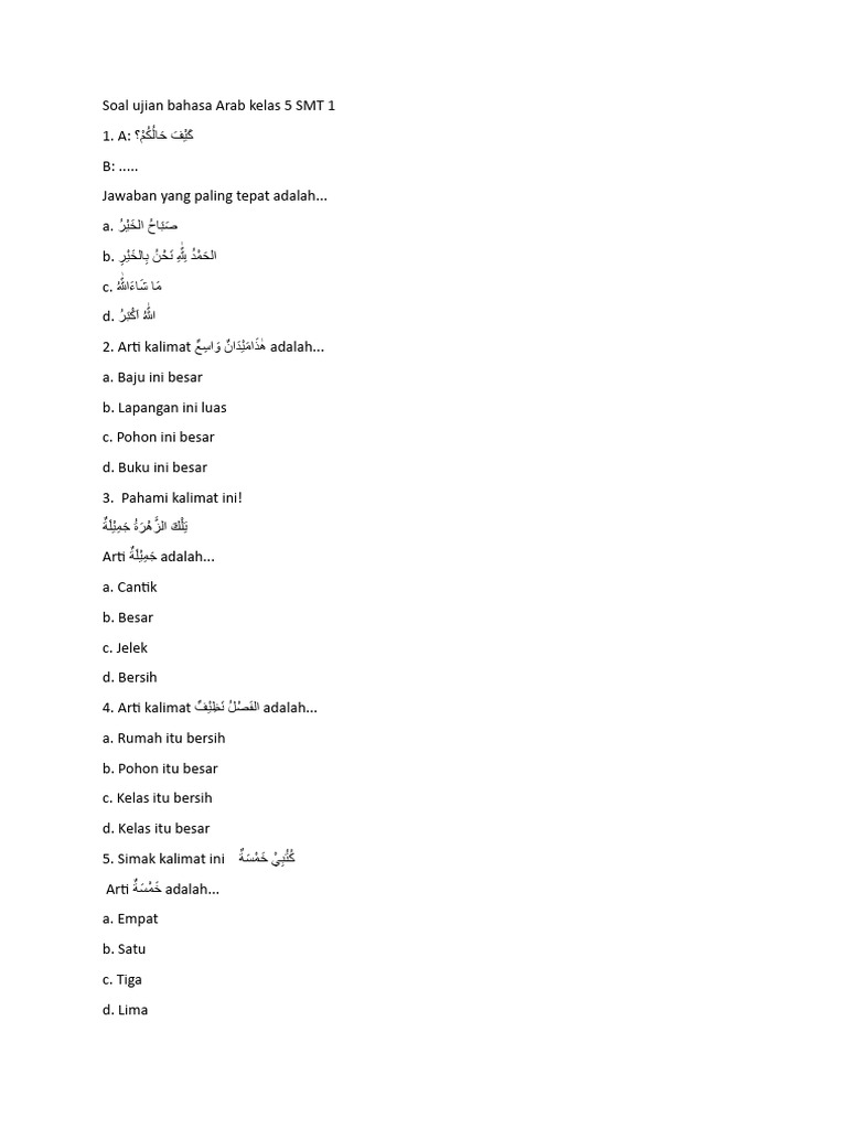 Soal Ujian Bahasa Arab Kelas 5 Semester 1 | PDF Soal Ujian Bahasa Arab Kelas 5 Semester 1 | PDF