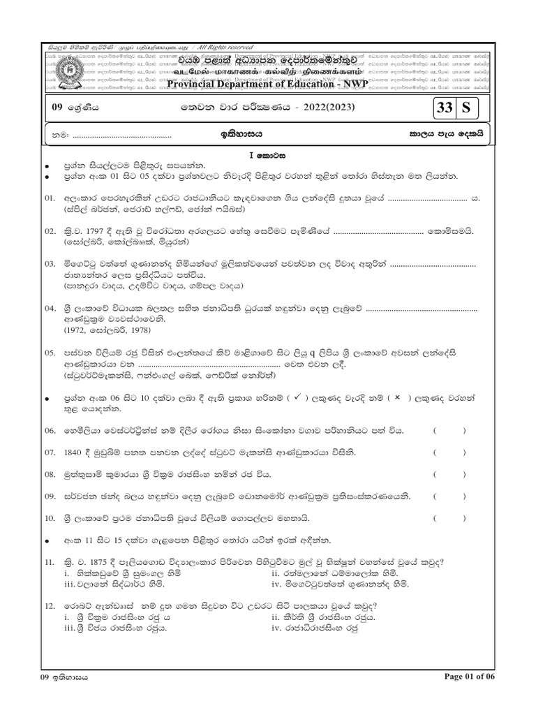 Grade 9 History 3rd Term Past Papers | PDF