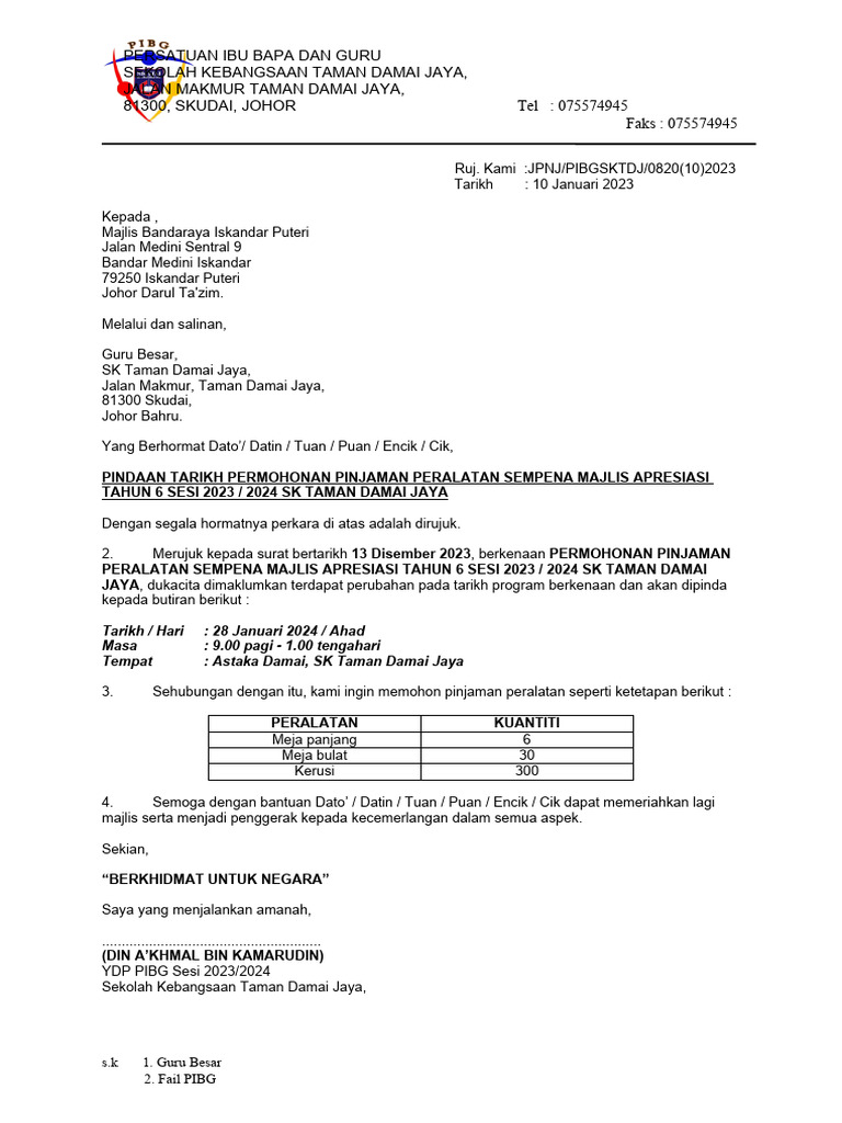 Surat Pindaan Tarikh Pinjam Kerusi Meja | PDF