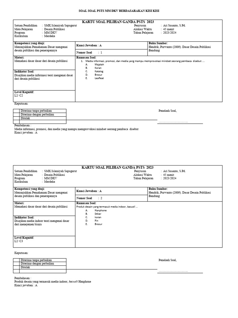 Kartu Soal DP Kelas IX | PDF