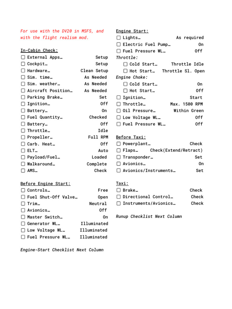 DV20 Pre-Flight and Engine Start Checklist | PDF | Throttle | Brake