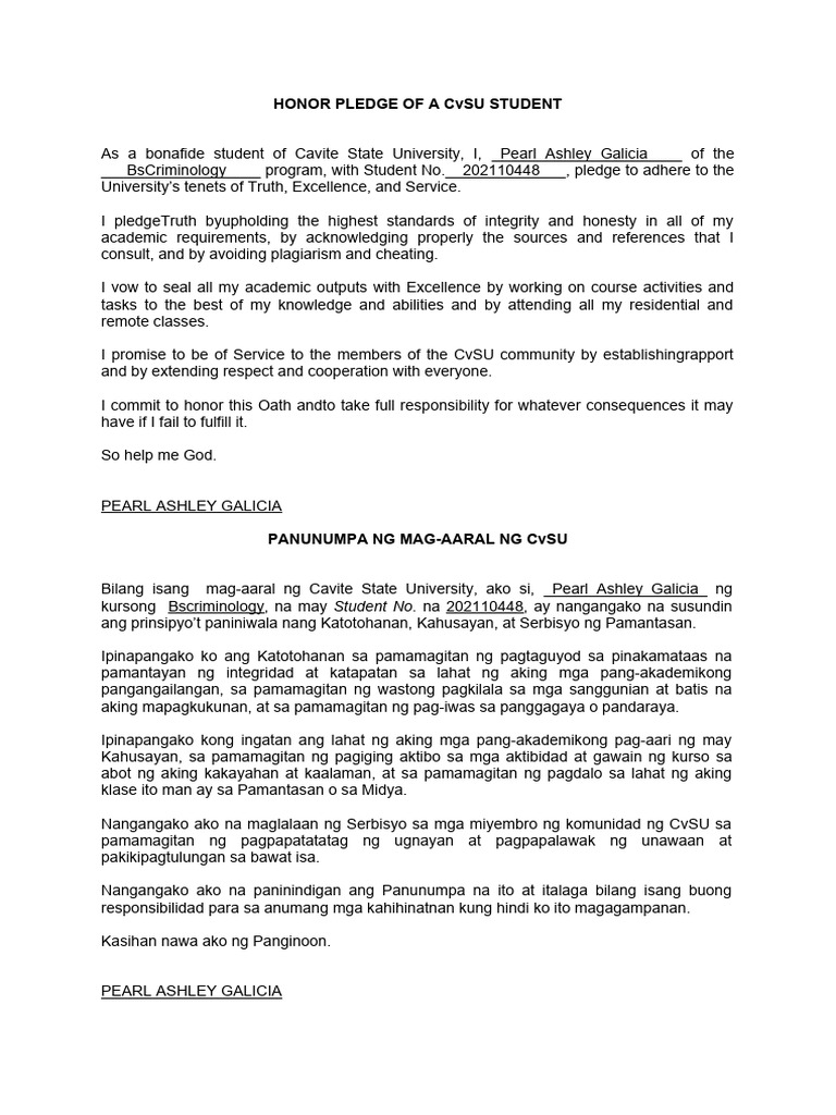 Ashley Galicia HONOR PLEDGE | PDF
