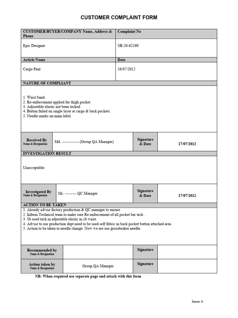 Customer Complaint Form | PDF