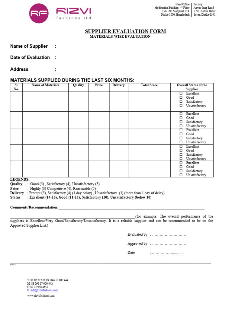 Supplier Evaluation Form Template | PDF