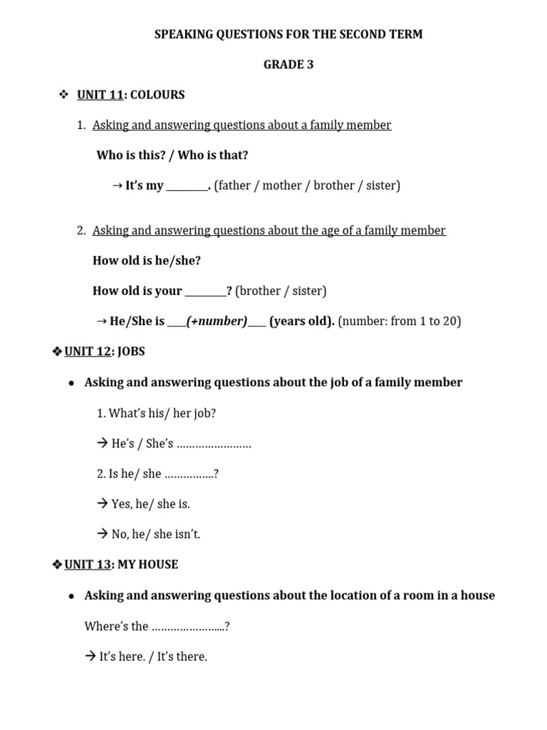 Grade 3 Speaking Questions for Second Term | PDF | Animals And Humans