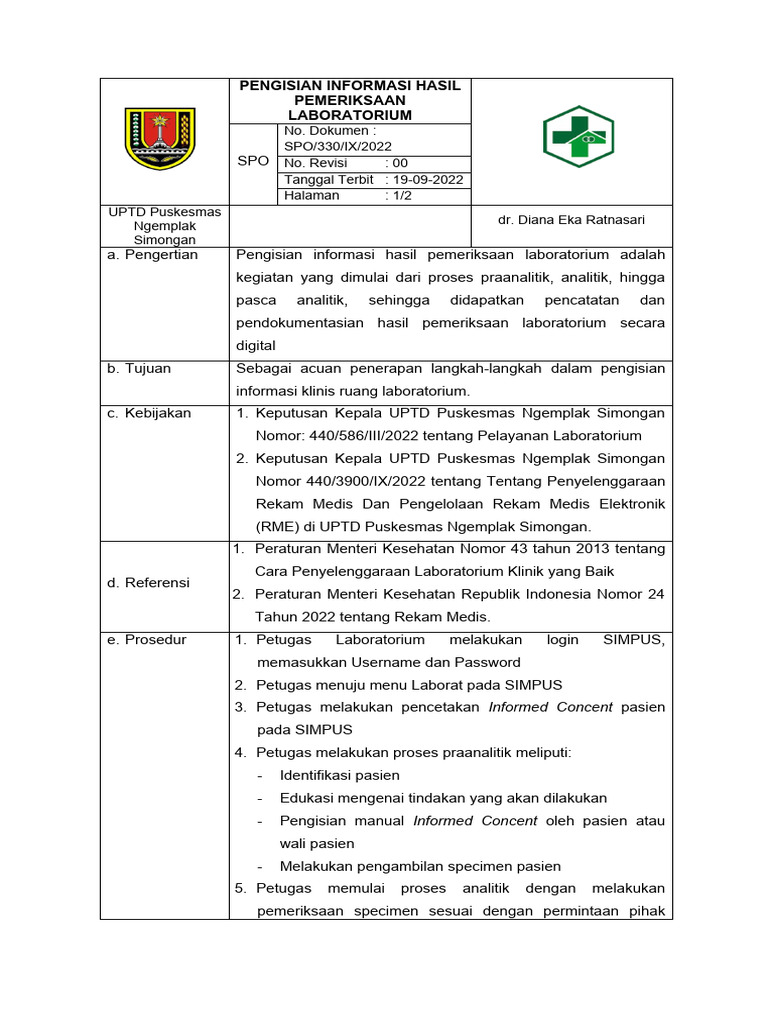 3.8.1.1. Sop Pengisian Informasi Hasil Ruang Laboratorium | PDF