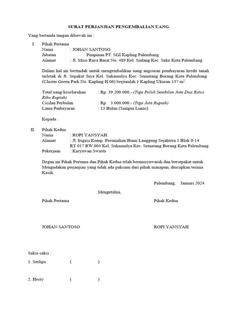 Surat Perjanjian Pengembalian Uang | PDF
