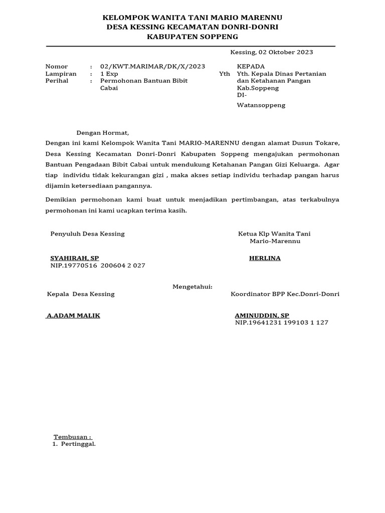 Proposal Bantuan Bibit Cabai KWT Marennu | PDF