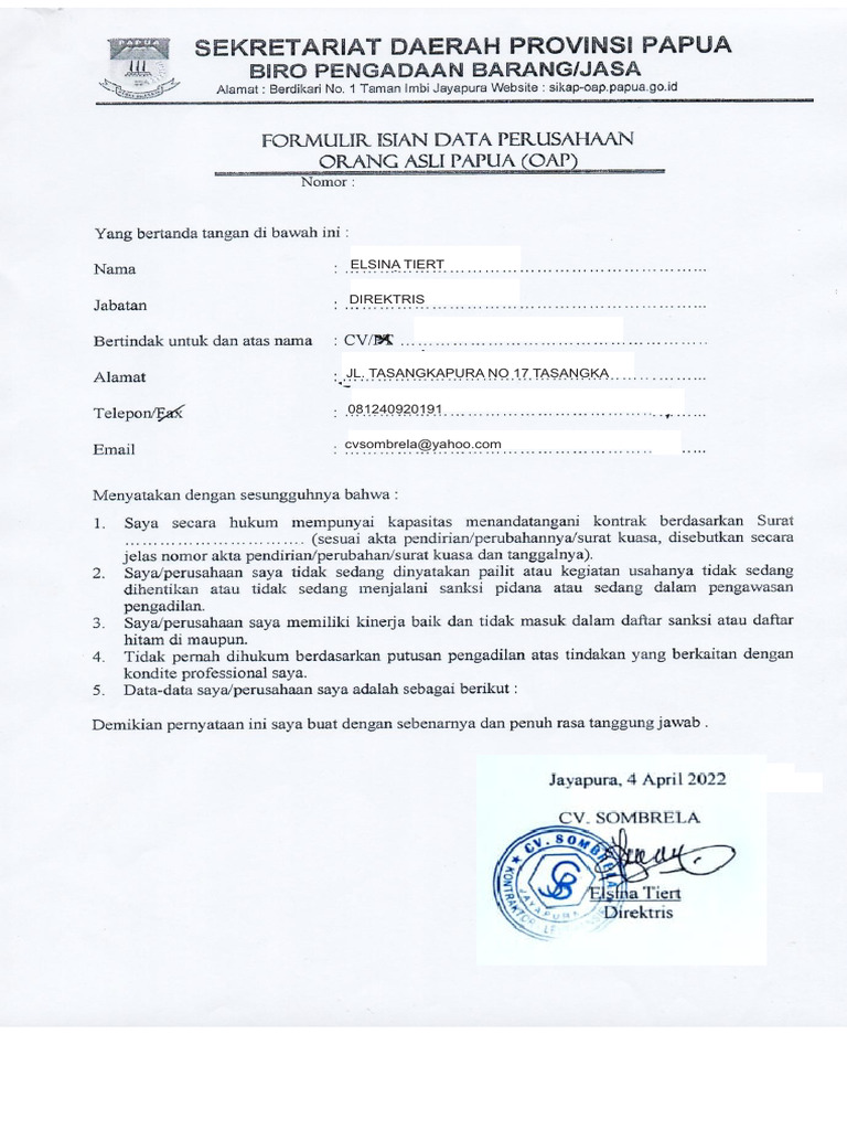Formulir Isian Data Perusahaan Oap | PDF