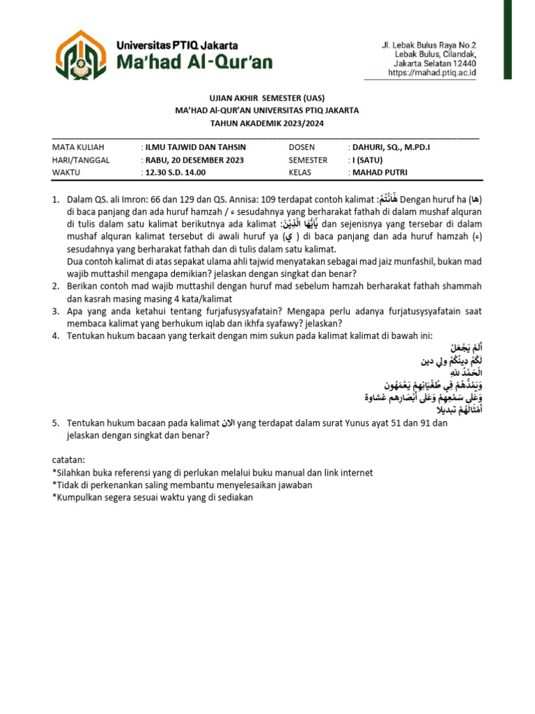 Soal Ilmu Tajwid Dan Tahsin | PDF