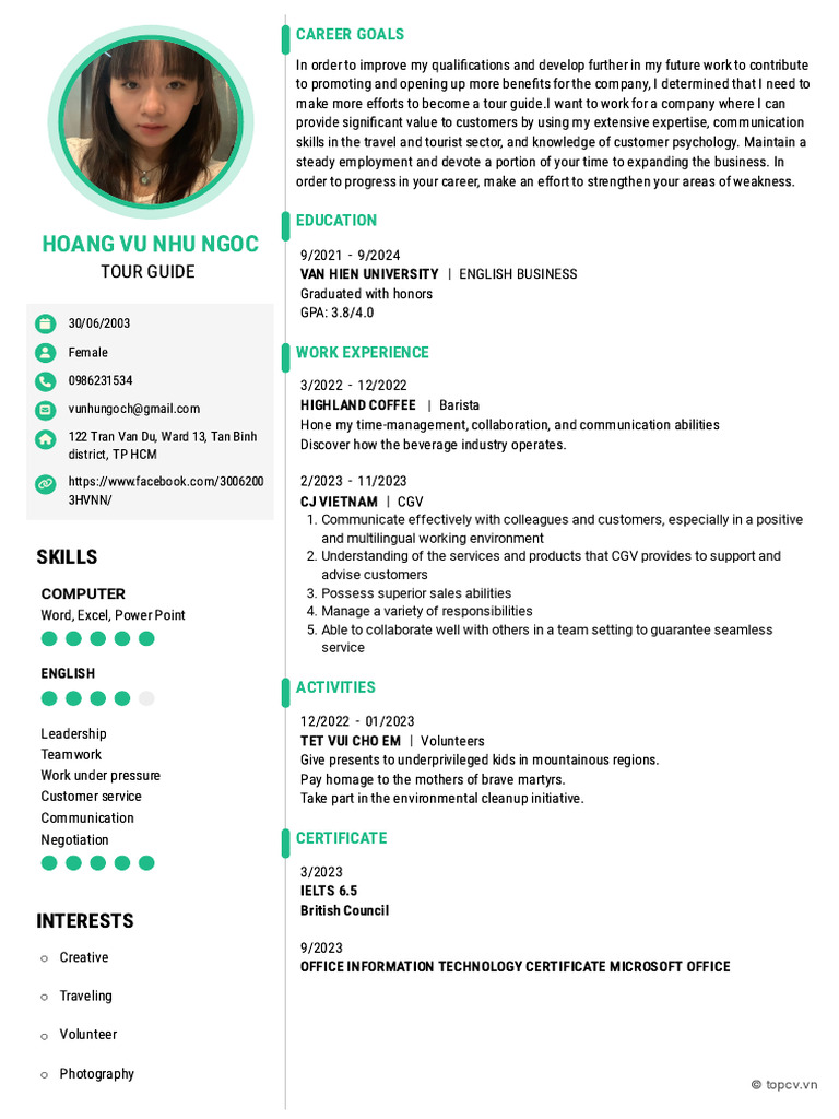 HOANG VU NHU NGOC TopCV - VN 041223.155056 | PDF | Career & Growth