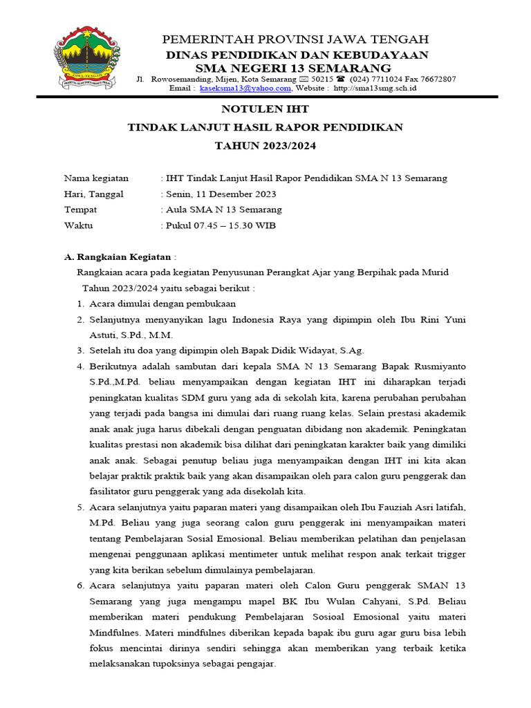 Notulen Iht Tindak Lanjut Hasil Rapor Pendidikan Sma N 13 Semarang | PDF