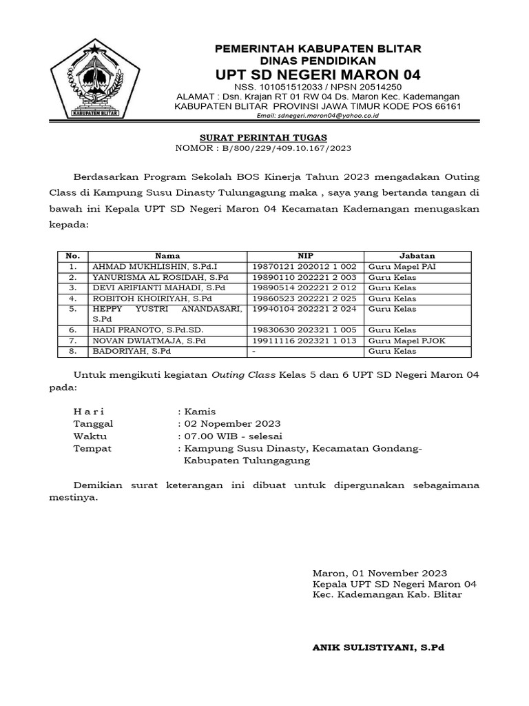 Contoh SURAT TUGAS Outing Class | PDF
