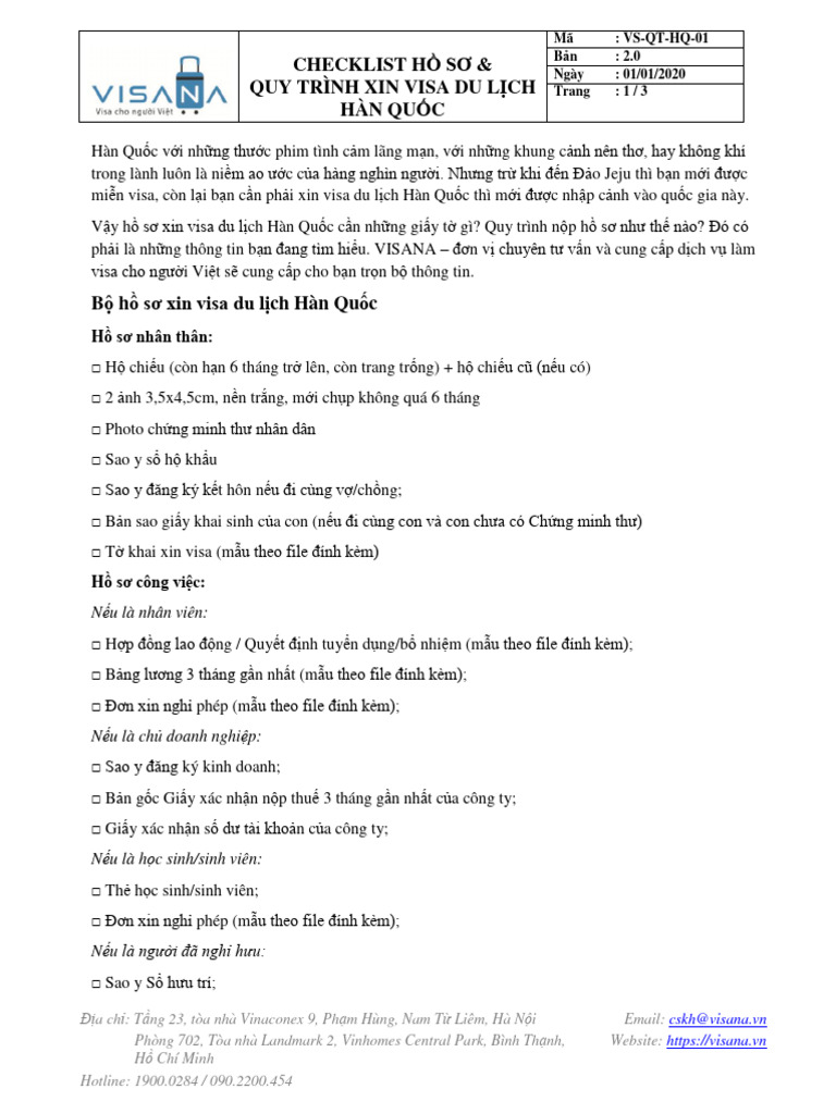 VISANA - Checklist + Mau Ho So + Quy Trinh Xin Visa Du Lich Han Quoc | PDF