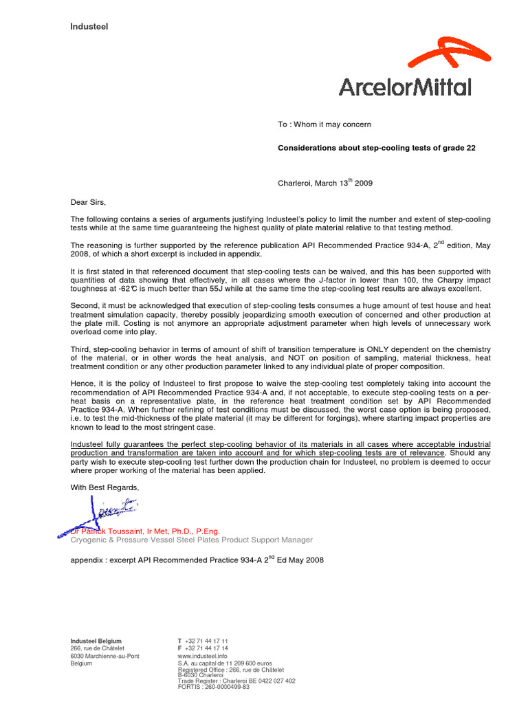 Letter - Guarantee - Step-Cooling by Industeel | PDF