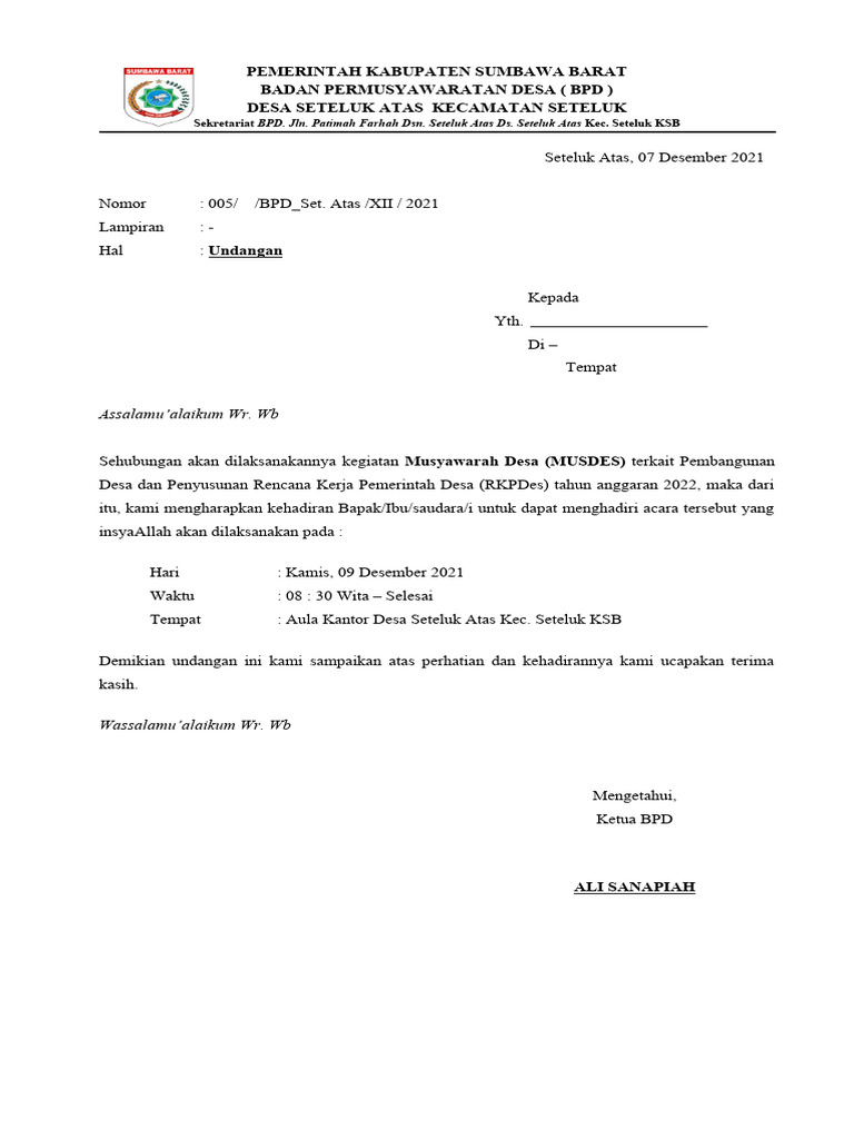 Undangan Musyawarah Desa Seteluk Atas | PDF