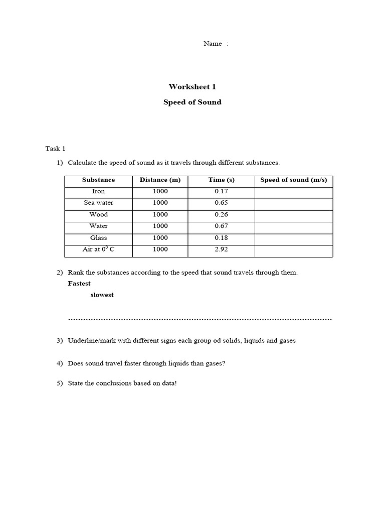 Speed of Sound Calculation Worksheet | PDF