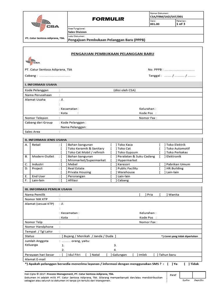 Draft Formulir Pengajuan Pelanggan Baru Noo Pdf