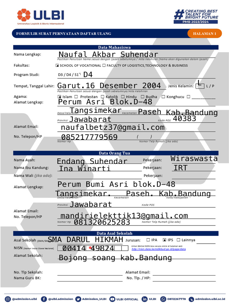 Surat Pernyataan Daftar Ulang Mahasisiwa Baru Ta 2023-20224 (Ulbi) 2 | PDF