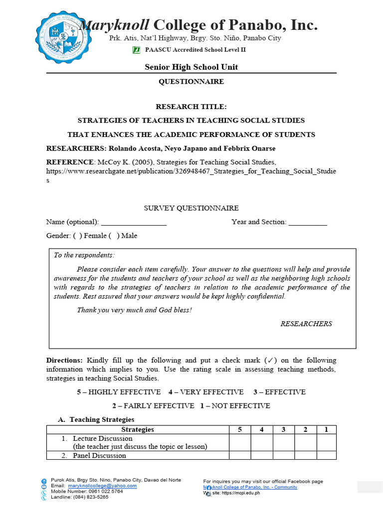 QUESTIONNAIRE - DV Questionnaire | PDF | Cognition | Learning