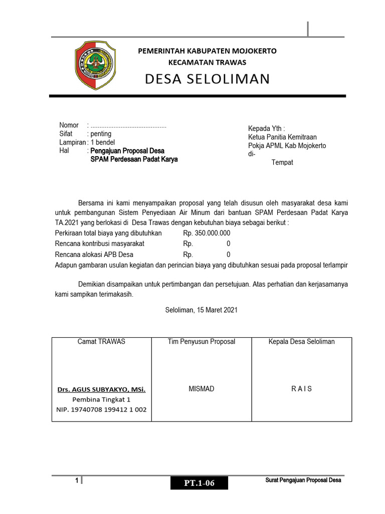 SURAT PENGAJUAN PROPOSAL Padat Karya 2021 | PDF