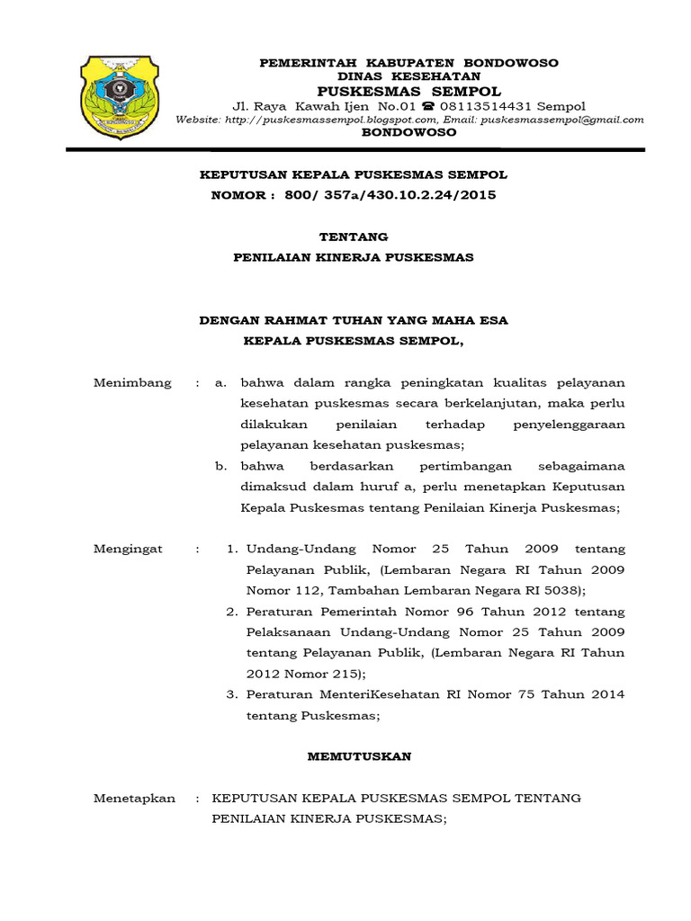 SK Penilaian Kinerja PKM (PKP) Fix | PDF