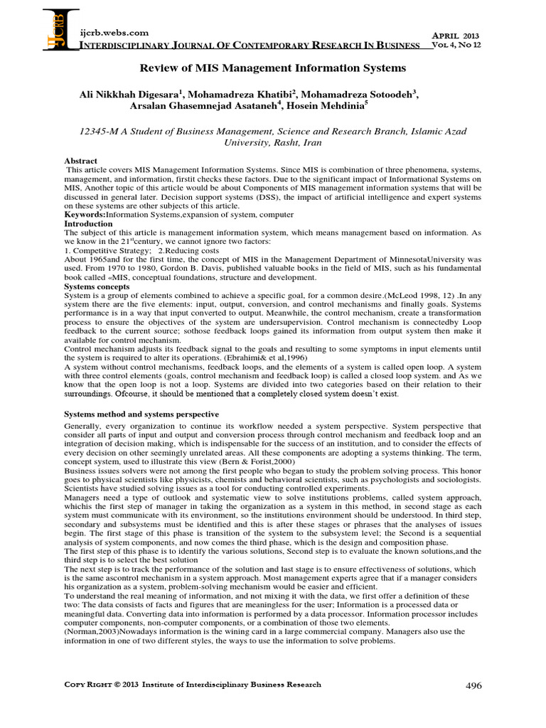 I J C R B Review of MIS Management Information Systems | PDF | Databases | Management ...