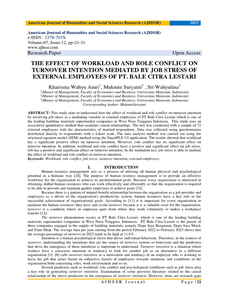 The Effect of Workload and Role Conflict On Turnover Intention Mediated by Job Stress of ...