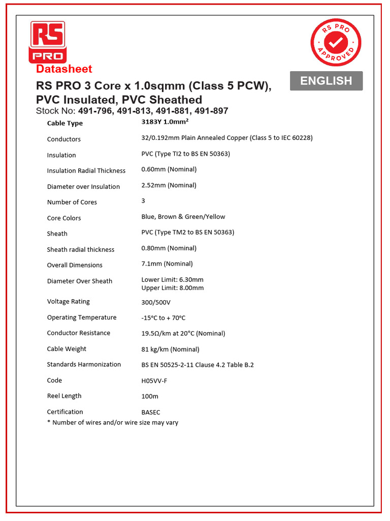 RS PRO 3 Core X 1.0sqmm (Class 5 PCW), PVC Insulated, PVC Sheathed | PDF