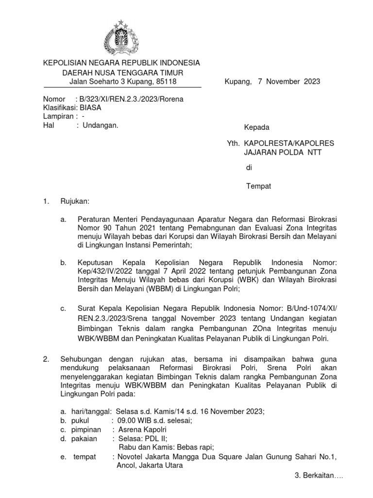 Surat Und Bimtek Peningkatan Yanlik Jakarta 13 Nov 2023 | PDF