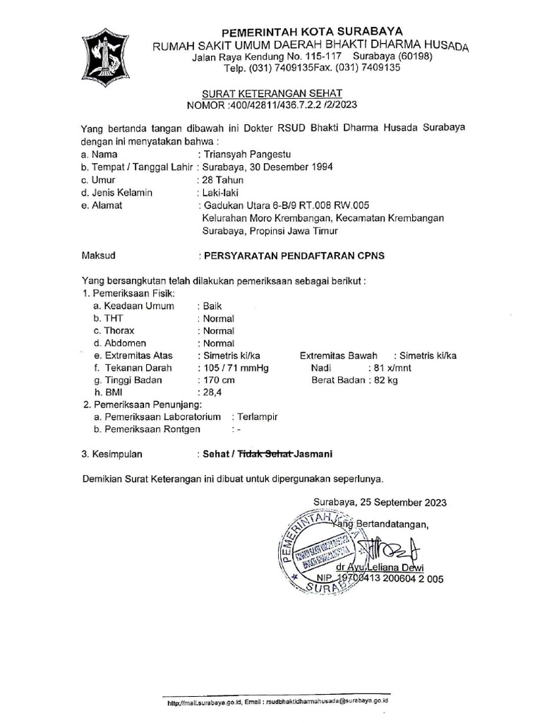 Surat Keterangan Tinggi, Berat Badan, BMI Triansyah | PDF