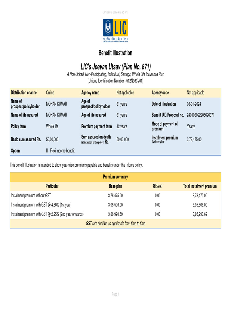 LIC's Jeevan Utsav (Plan No. 871) : Benefit Illustration | PDF | Insurance | Government Finances