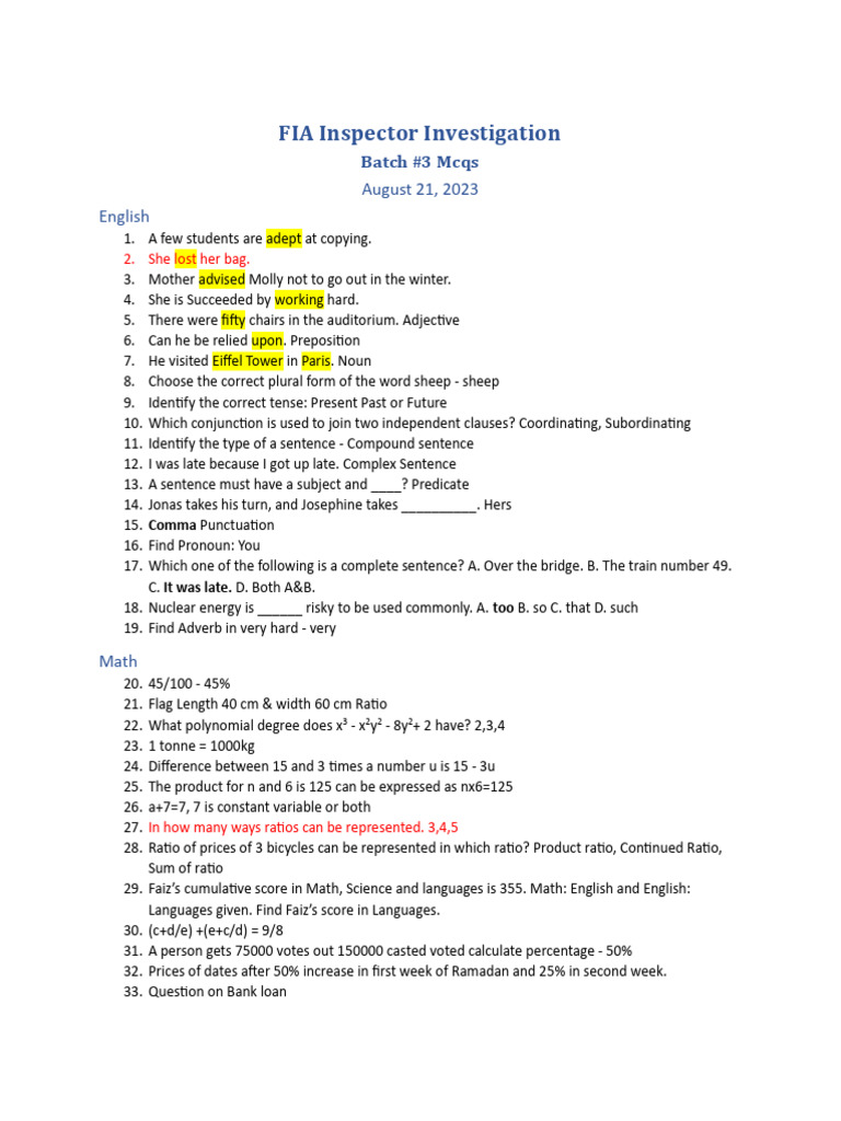 Inspector FIA Batch 3 Aug 21 2023 PDF Sentence Linguistics 