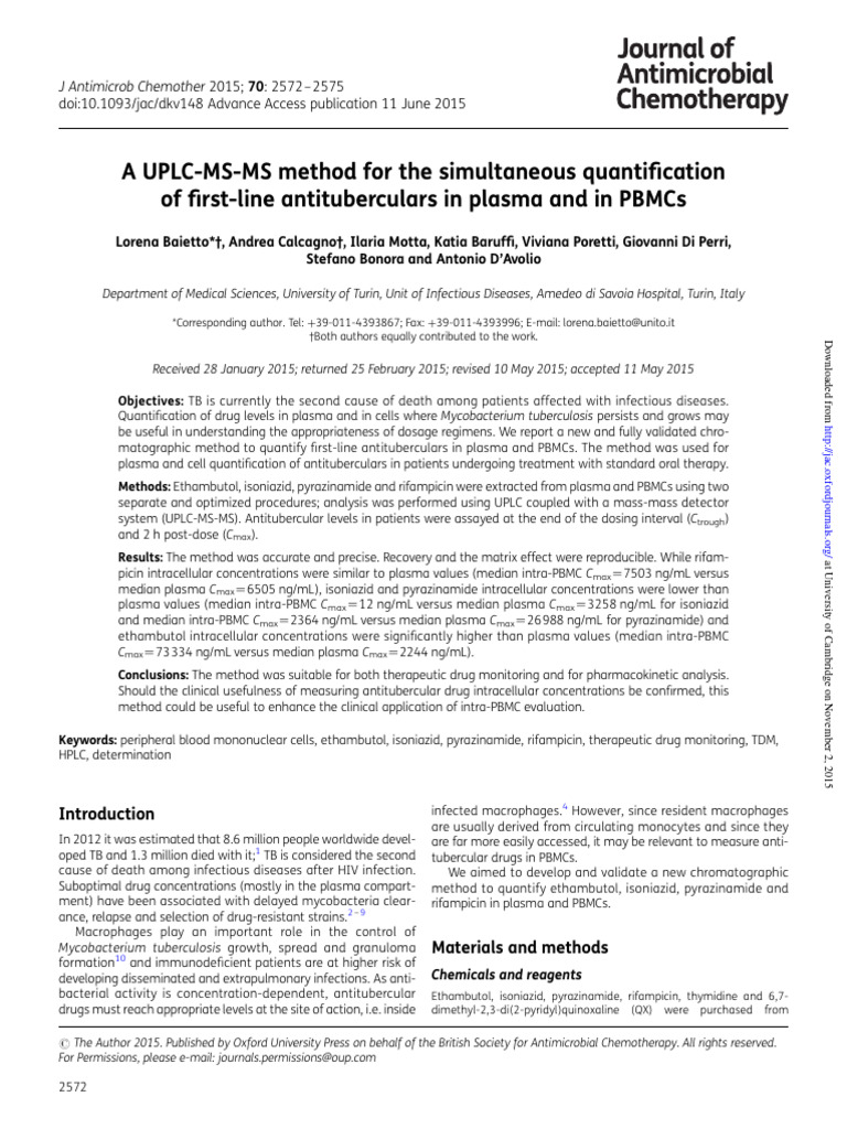 A UPLC-MS-MS Method For The Simultaneous Quantification of First-Line Antituberculars in Plasma ...