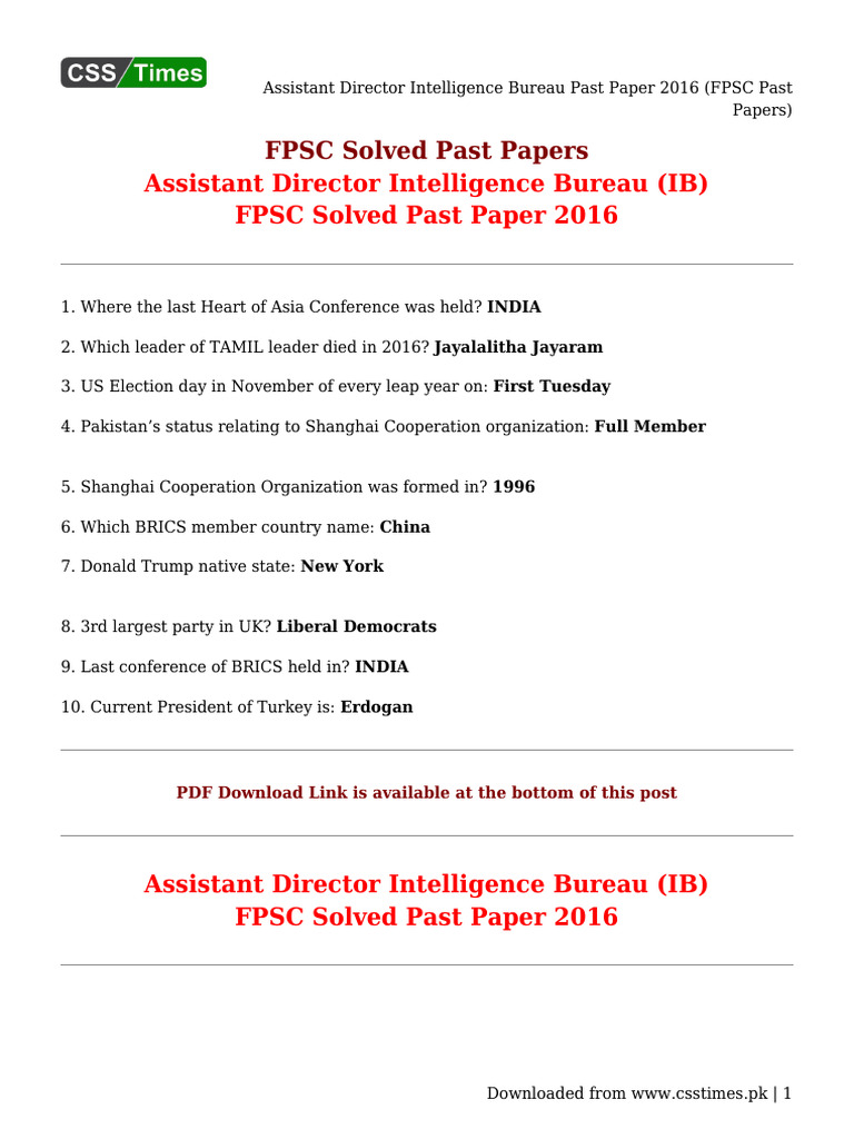 Assistant Director Intelligence Bureau Past Paper 2016 (FPSC Past Papers) | PDF | Government ...