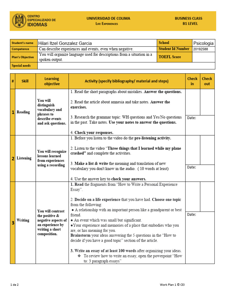 B1 Level Life Experiences Activities | PDF | Experience | Essays