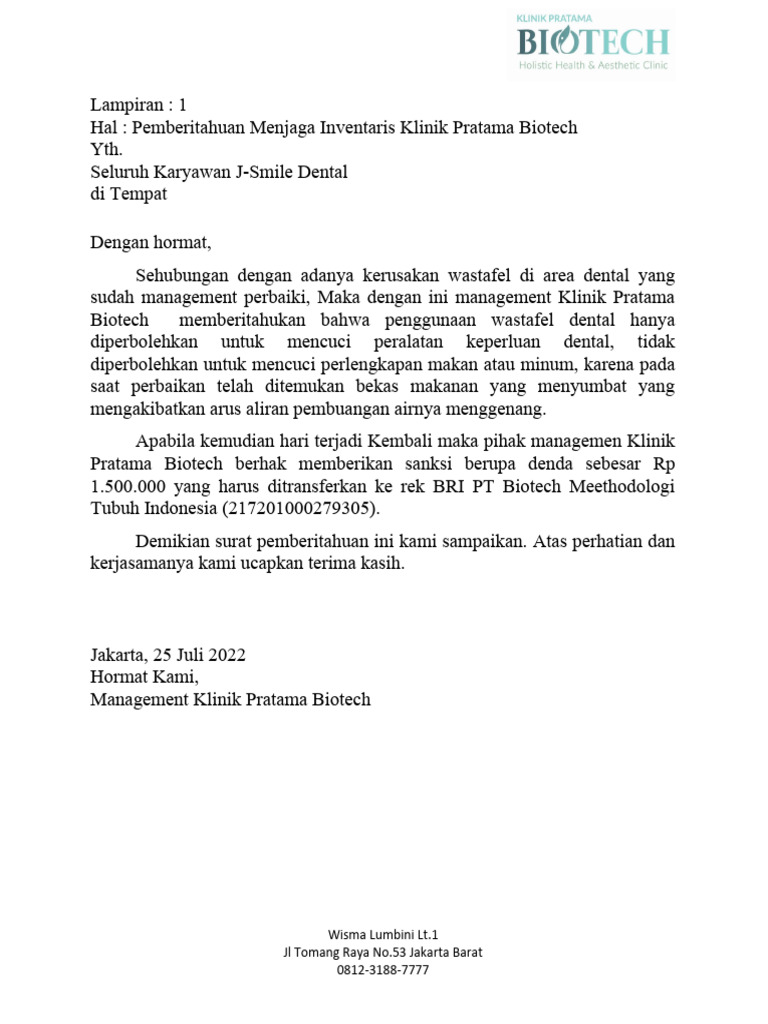 Pemberitahuan Penggunaan Wastafel Klinik | PDF