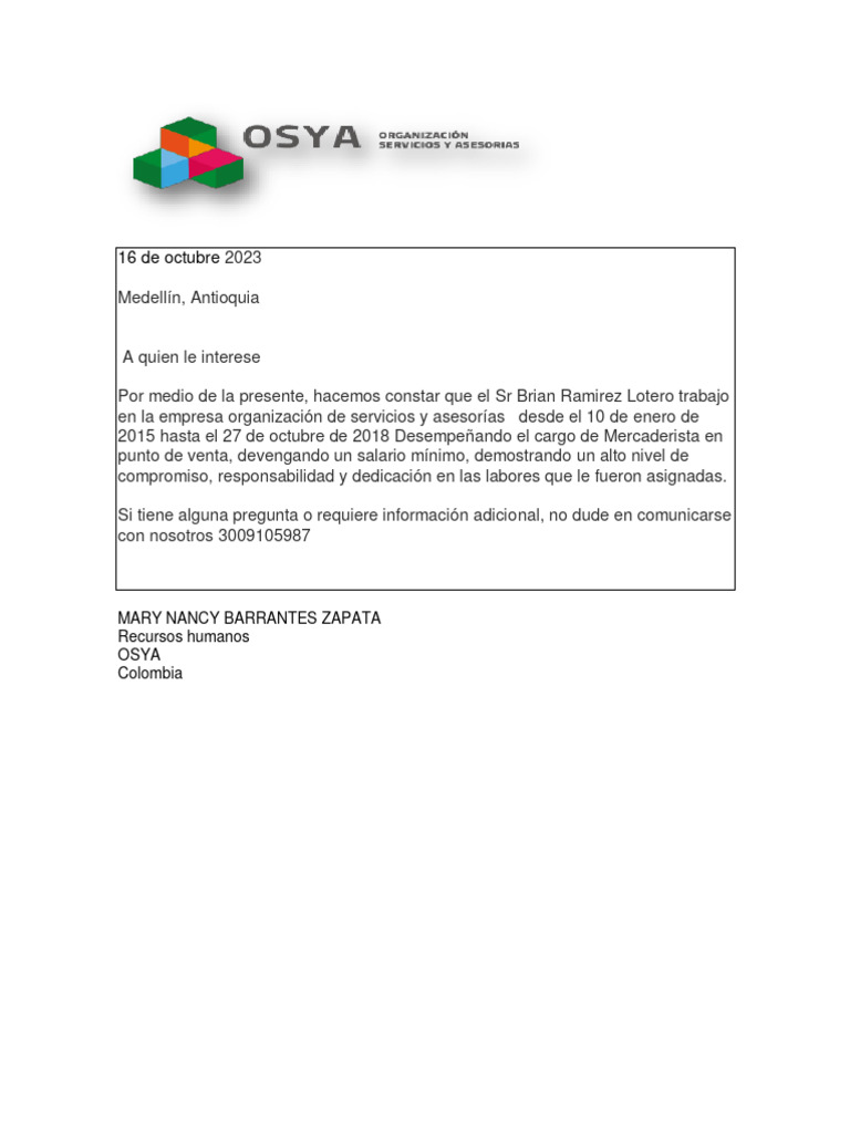 Carta Laboral Osya | PDF
