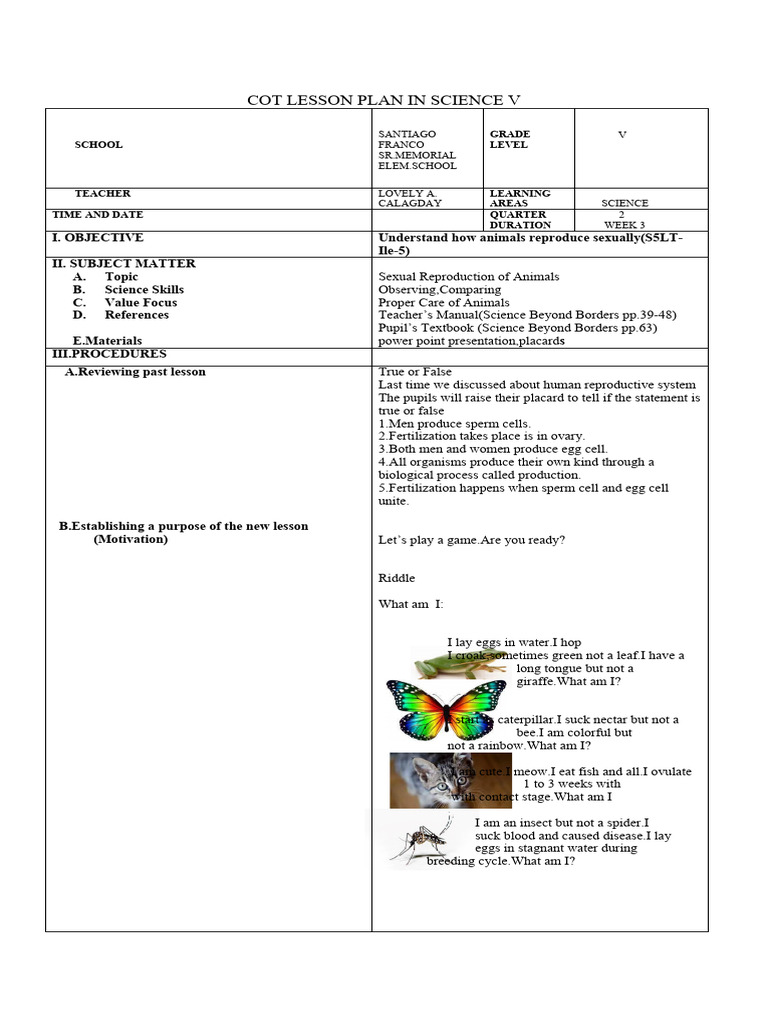 COT LESSON PLAN IN SCIENCE V Official | PDF | Reproduction | Fertilisation