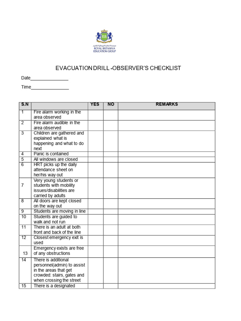 EVACUATIONdrill Observers Checklist.228045156 | PDF