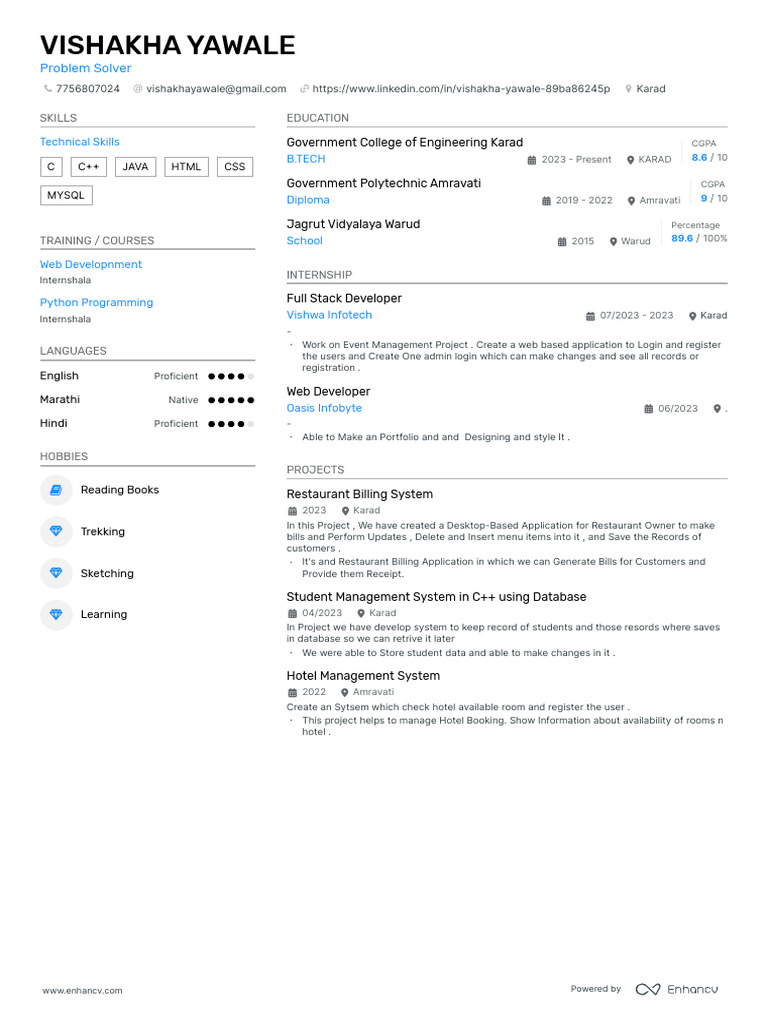 Vishakha Yawale Resume | PDF | World Wide Web | Internet & Web