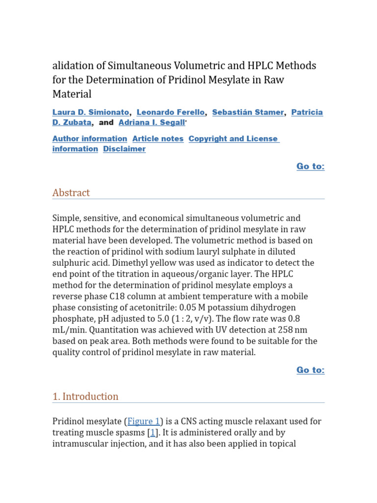 Alidation of Simultaneous Volumetric and HPLC Methods for the Determination of Pridinol Mesylate ...