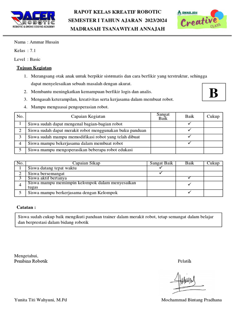 Rapot Ekskul Robotik Mts Annajah Smt1 | PDF