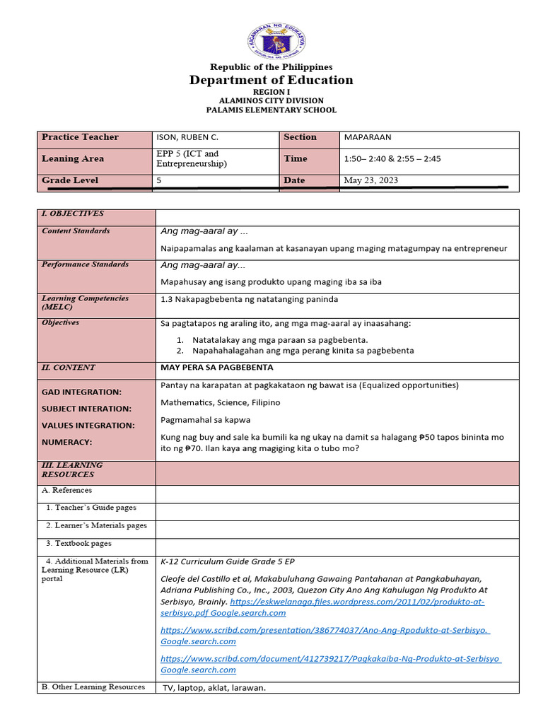 Lesson Plan EPP 5 Week 3 Quarter4 - PSU | PDF