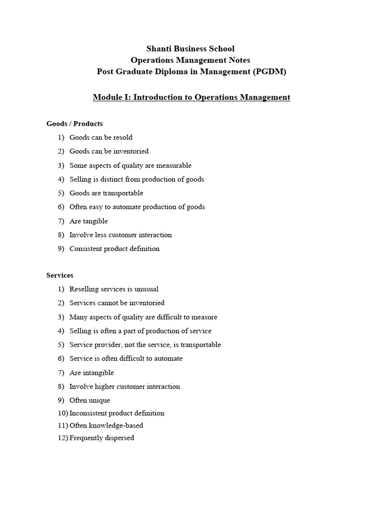 Shanti Business School Operations Management Notes Post Graduate ...