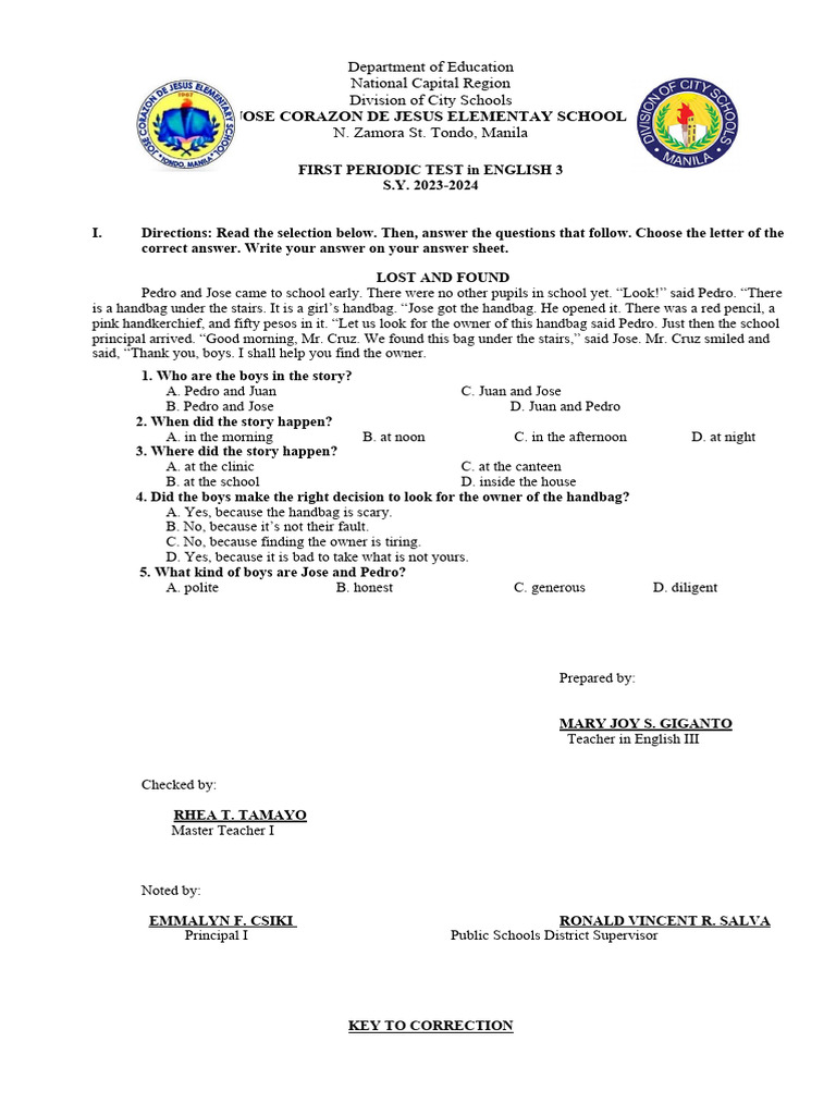 English Test Template With Key To Correction | PDF